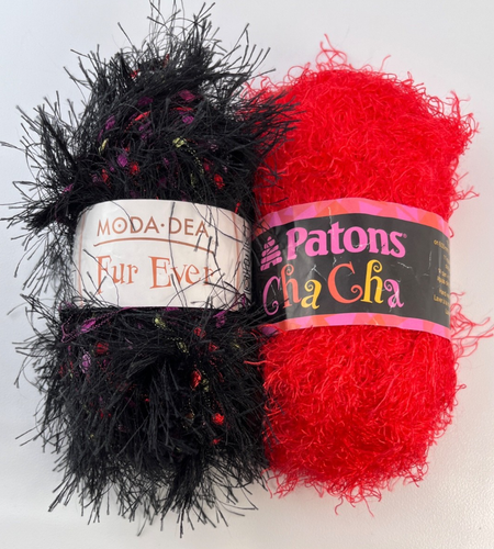 Moda Dea Fur Ever & Patons Cha Cha Eyelash Yarn (2) Skeins Black/Red ...