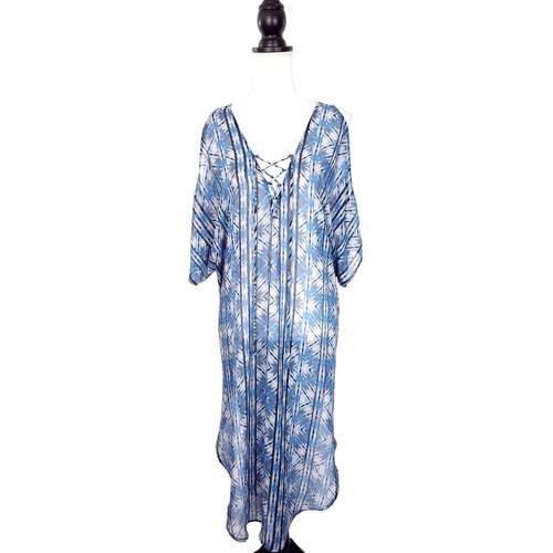 ASTR The Label Blue Sheer Printed Swim Cover Tunic Dress Lace Up Size ...