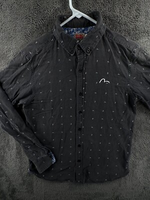 EVISU Genes Dark Gray Medium Long Sleeve Button Up Shirt AOP Logo Print ...