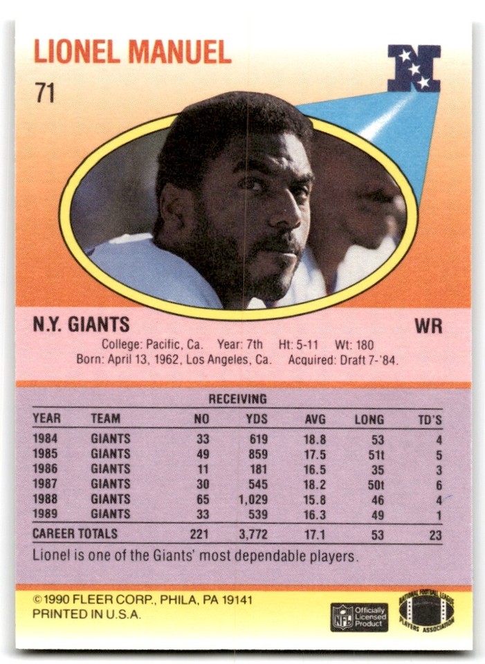 1990 Fleer Lionel Manuel New York Giants #71 | eBay