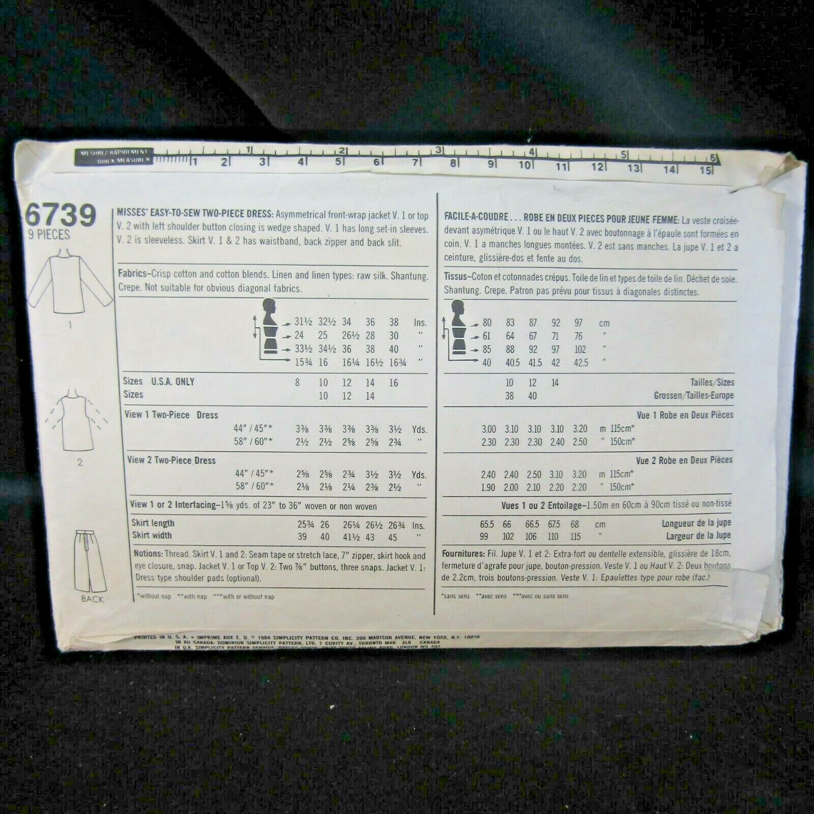 Vtg Simplicity Pattern 6739 Easy Sew Asymmetrical 2 Piece Dress Size 12 ...