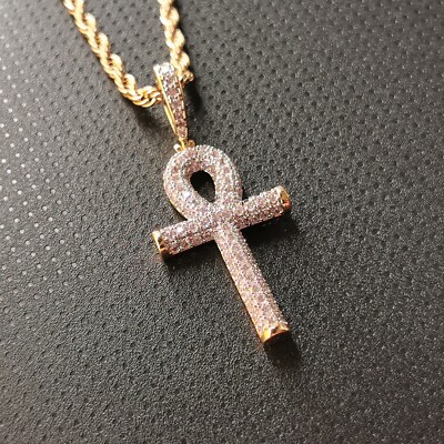 Egyptian Ankh Cross Pendant Key Of Life 24" Rope Chain Link 18K Gold ...
