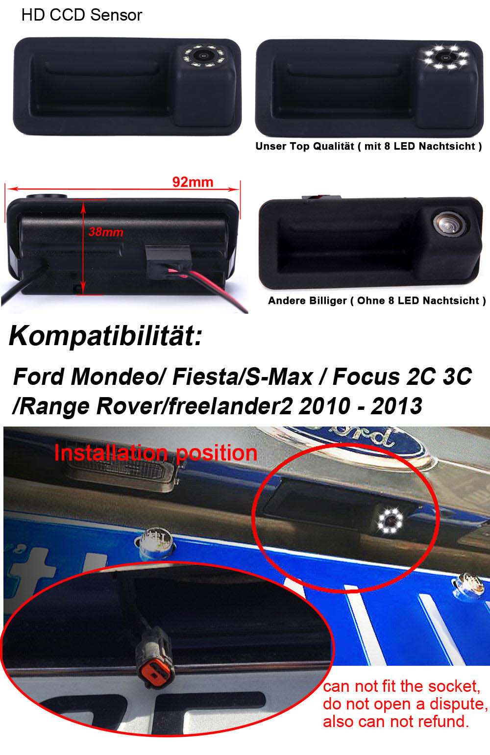 LED Nachtsicht Rückfahrkamera für Ford Mondeo Fiesta S-Max Focus 2C ...