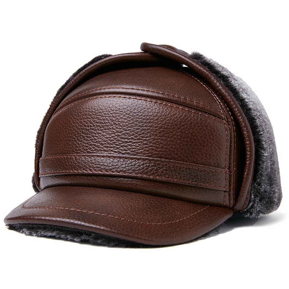 Men's Genuine Leather Winter Warm Trapper Warm Hat Baseball Cap Outdoor ...