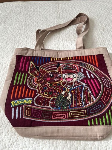 m25S Pokémon Canvas Tote Bag with Colorful Embroidered Characters Beige ...