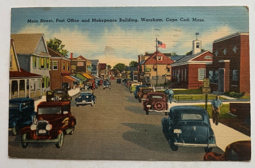 1943 MA Postcard Cape Cod Wareham Main St Post Office Makepeace ...
