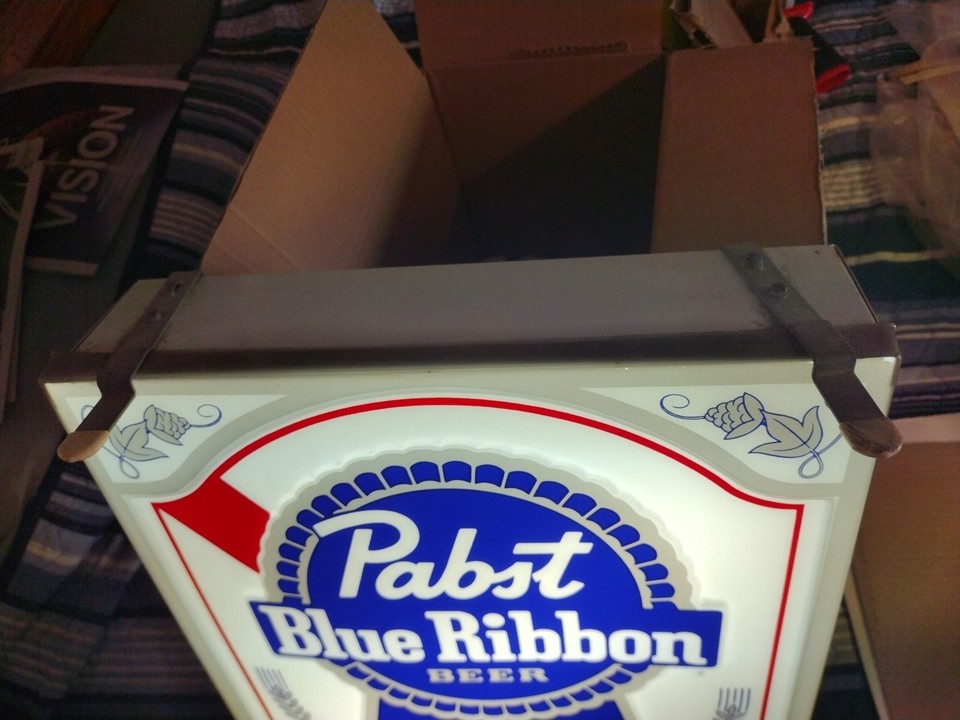 Vtg Pabst Blue Ribbon Beer Sign Red White Blue 2-sided Window Light PBR ...