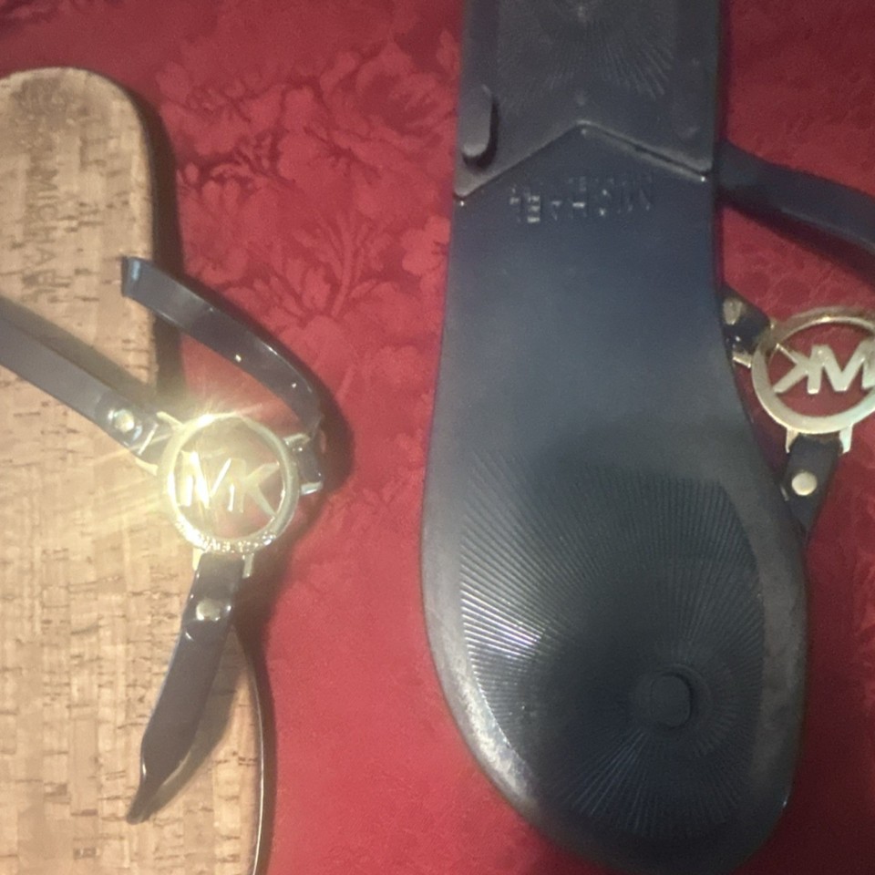 Michael Kors Black Thong Sandals Logo Medallion Cork Insole Rubber ...