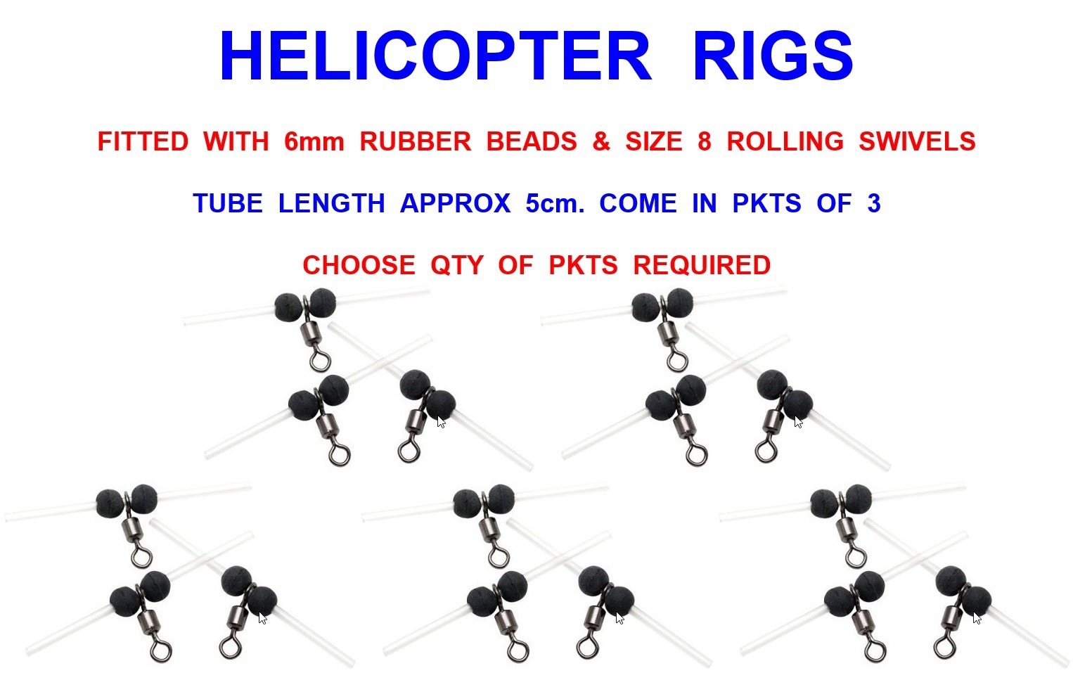 CARP FISHING HELICOPTER RIGS BOOMS WITH 6mm RUBBER BEADS SIZE 8 ROLLING ...