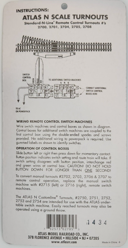 Atlas, #2705, N Code 80 Remote Switch -Remote Right(RH) #6 Turnout, N ...