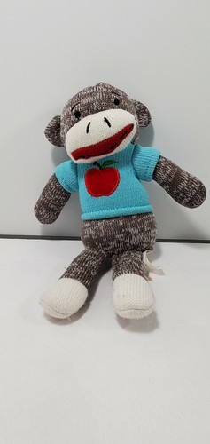 Dan Dee Sock Monkey Stuffed Plush Gray Blue Sweater Red Apple 9" Back ...