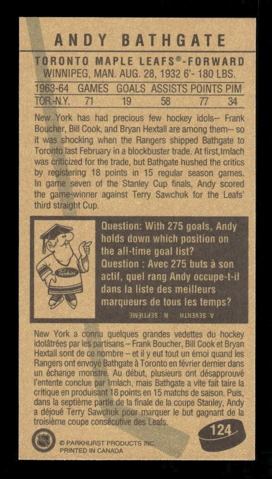 ANDY BATHGATE SIGNED 1994 PARKHURST TALL BOYS #124 ON-CARD AUTO ...