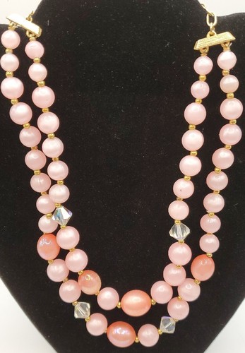 Lisner Two Strand Pink Necklace Choker 1940's Crystal Peach Beads Vtg ...