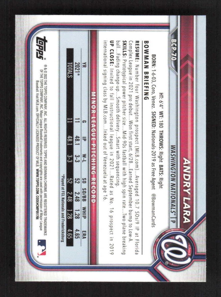 Andry Lara 2022 Bowman Chrome Prospects Washington Nationals #BCP-70 | eBay