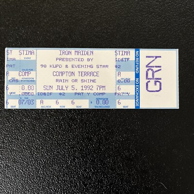 IRON MAIDEN FULL Concert Ticket Stub July 5, 1992 Compton Terrace | eBay