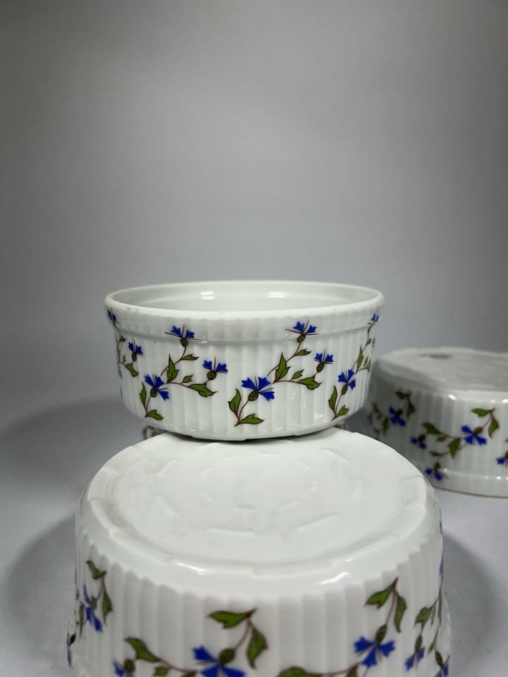 (Set of 4) APILCO Ramekins Ribbed White Porcelain 4.5" Blue Flower Vine ...