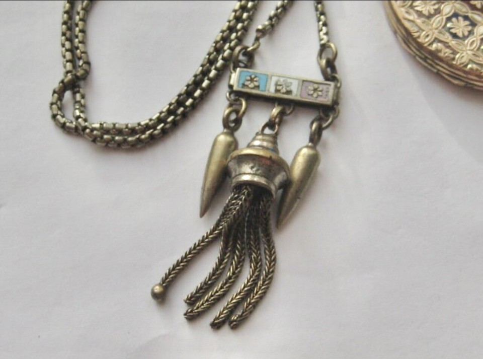 Antique Victorian Rolled Gold Enamel Oval Locket & Fob Watch Chain 5 1/ ...