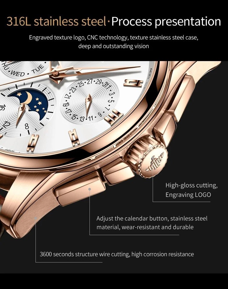Automatic Mechanical Waterproof Watch Moon Phase Luxury Dial Men's Men ...