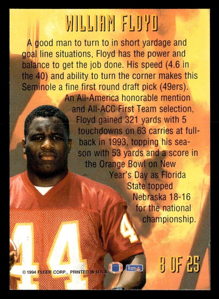 William Floyd 1994 Fleer NFL Prospects Rookie Card 49ers Florida State ...