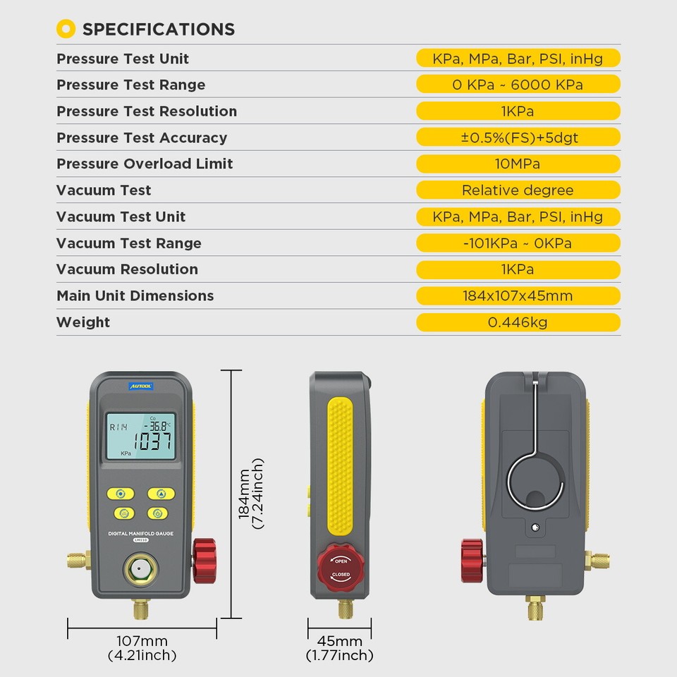 Digital Refrigeration Manometer HVAC Refrigerant Vacuum Tester Manifold ...