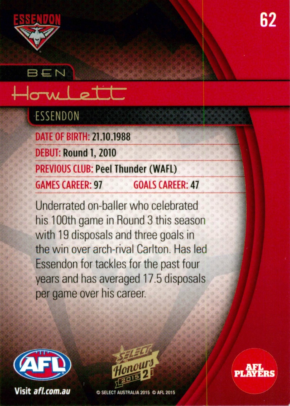 New 2015 ESSENDON BOMBERS AFL Card BEN HOWLETT | eBay
