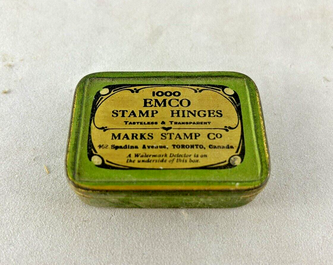 Antique Tin Container EMCO Stamp Hinges Marks Stamp Co Small Green ...