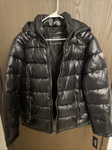 Guess Puffer Jacket Mens Medium Glossy Black Removable Hood Logo Bubble ...