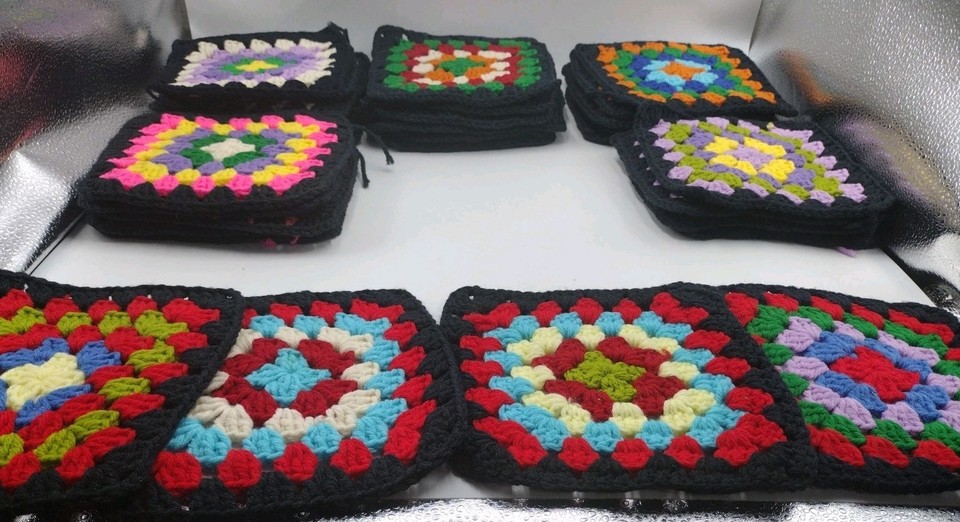 Crochet Granny Squares Lot Of 48 Colorful 7x7 Inch Loose Squares Black ...