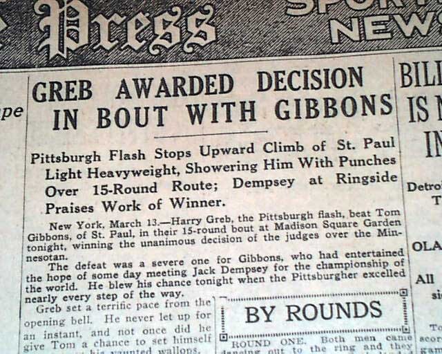 HARRY GREB Heavyweight Boxing Match vs. Tommy Gibbons MSG Fight 1922 ...