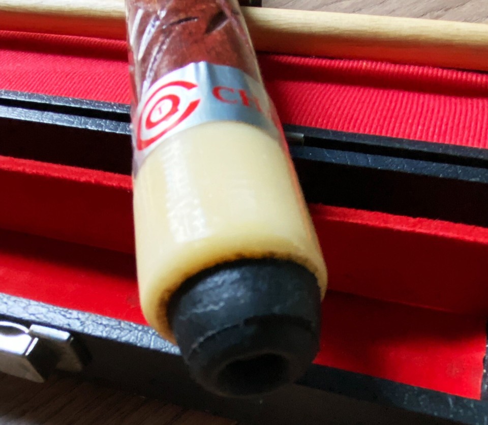Champion Billiard Pool Cue Stick 2 Piece w/Case Carved Wood Tiki Brass ...