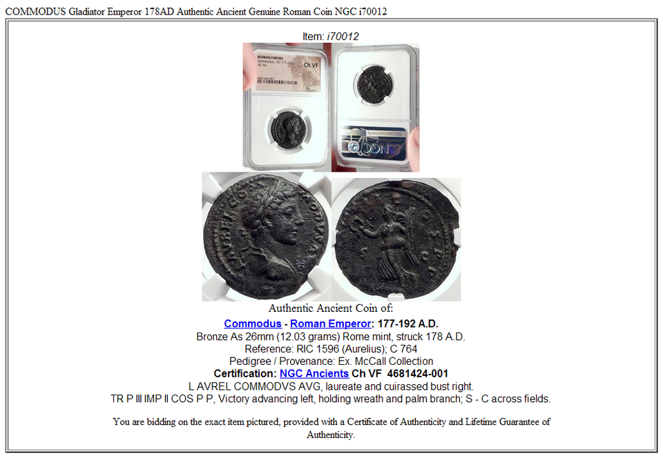 COMMODUS Gladiator Emperor 178AD Authentic Ancient Genuine Roman Coin ...