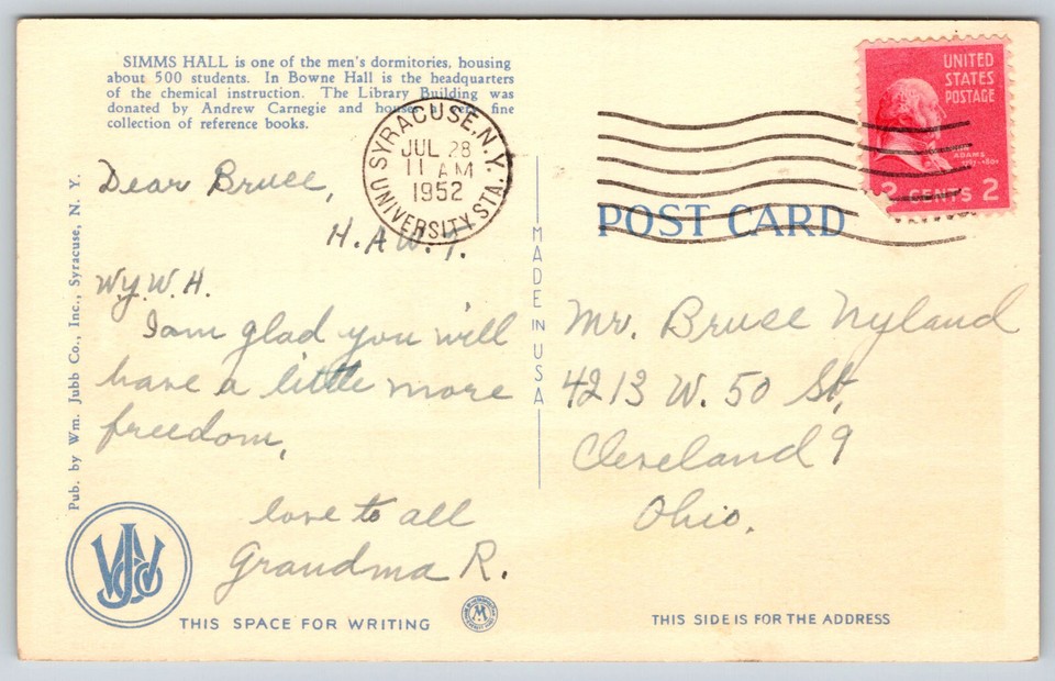 Postcard Syracuse University Sims Hall Bowne Hall Library Syracuse, NY ...