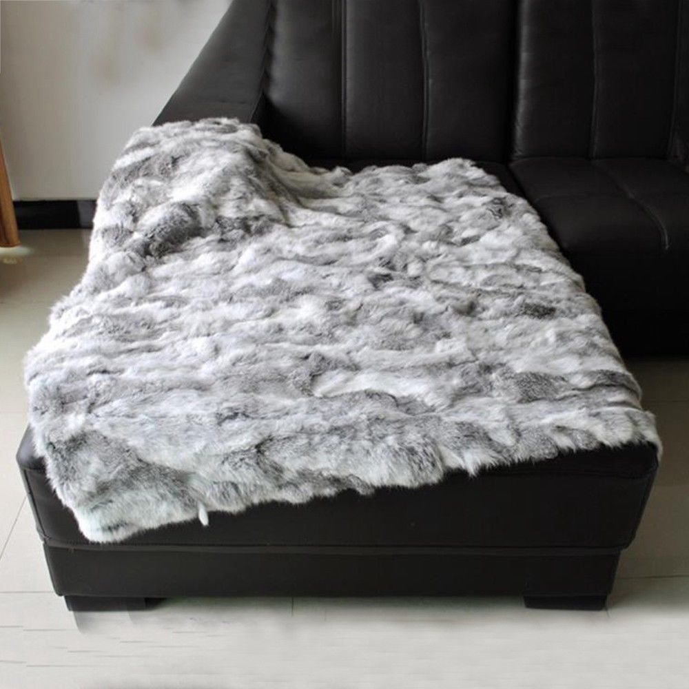 Real Rabbit FUR Throw Blanket Patchwork Skin Fur Rug 42" x 22" Pelz ...