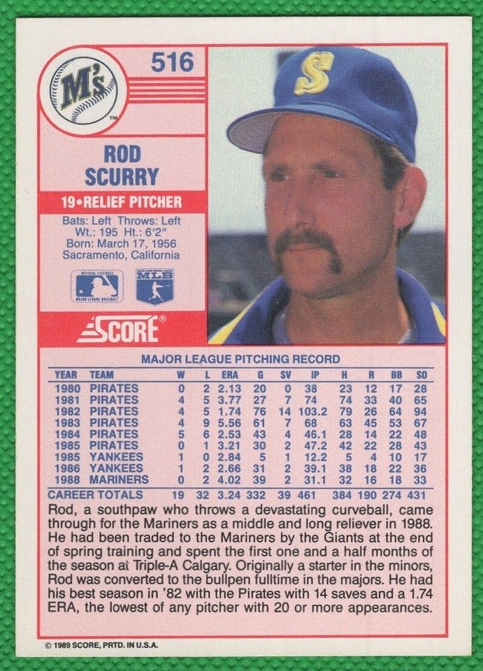 Rod Scurry - 1989 Score #516 - Seattle Mariners Baseball Card | eBay