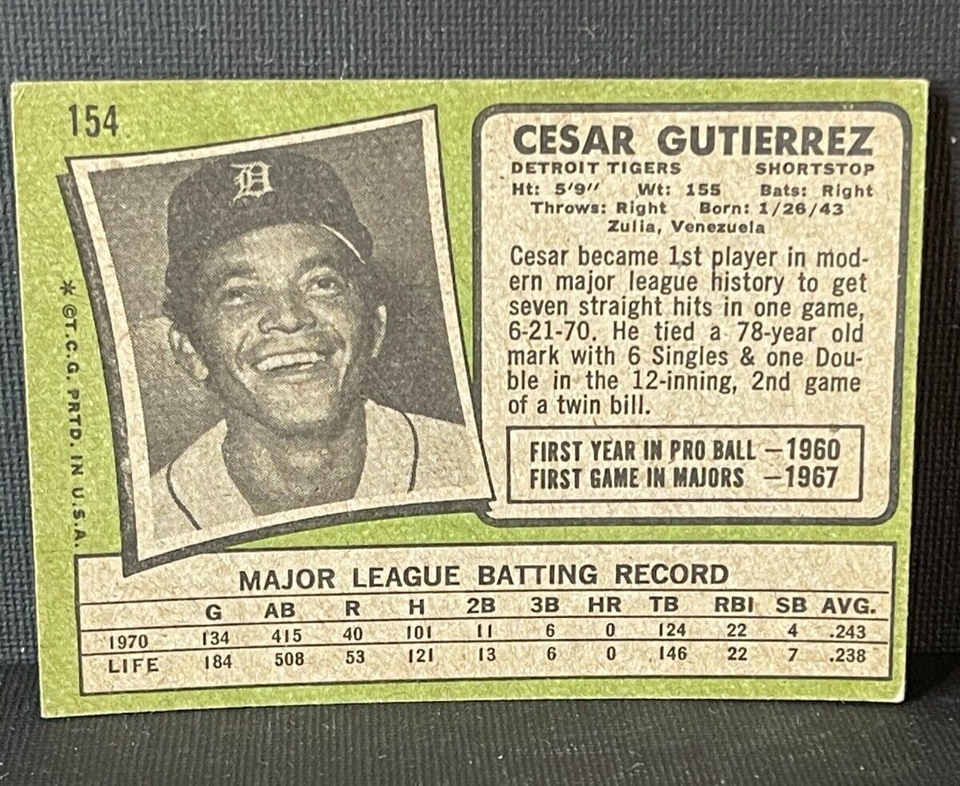 1971 TOPPS # 154 CESAR GUTIERREZ DETROIT TIGERS | eBay