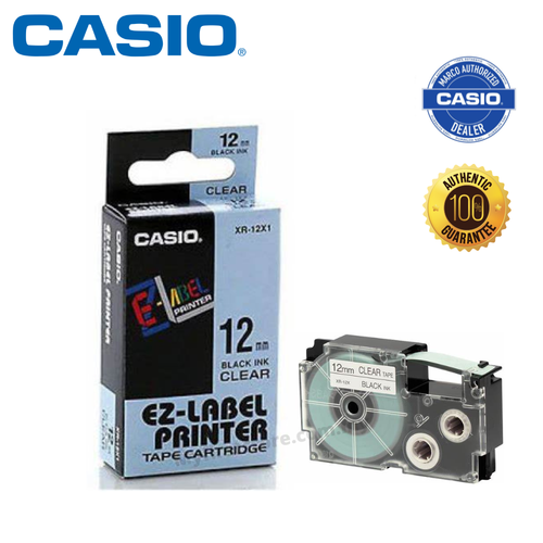Genuine Casio XR-12X1 12mm Black On Clear EZ-Label Printer Tape ...