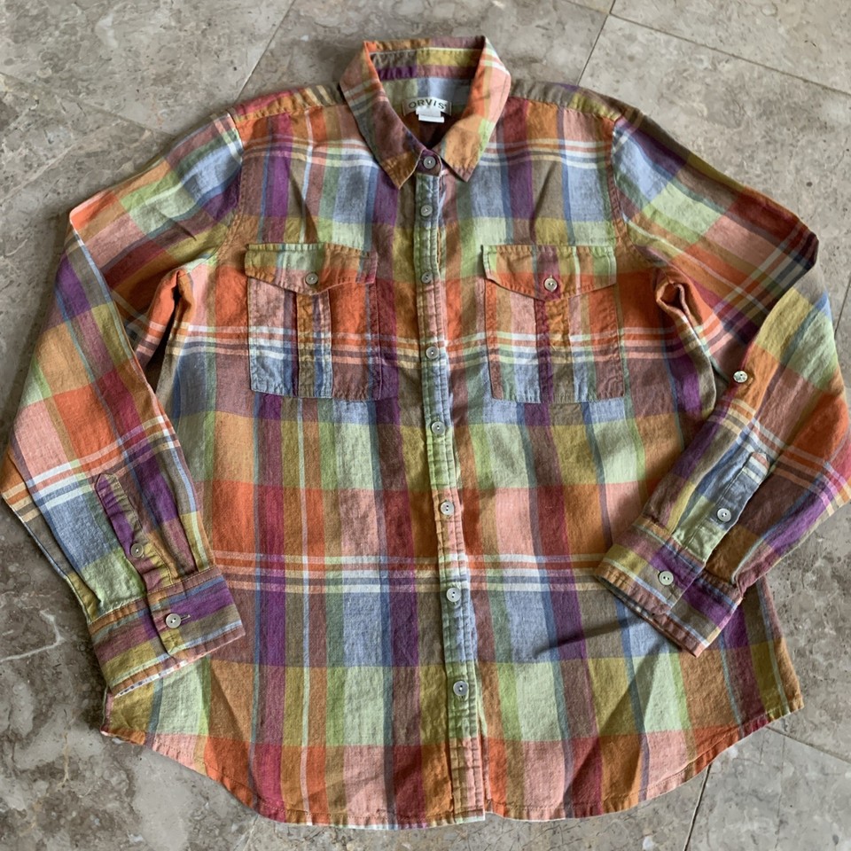 Women’s ORVIS Colorful Plaid Roll-Tab Shirt Top 100% Linen Size 12 Flap ...