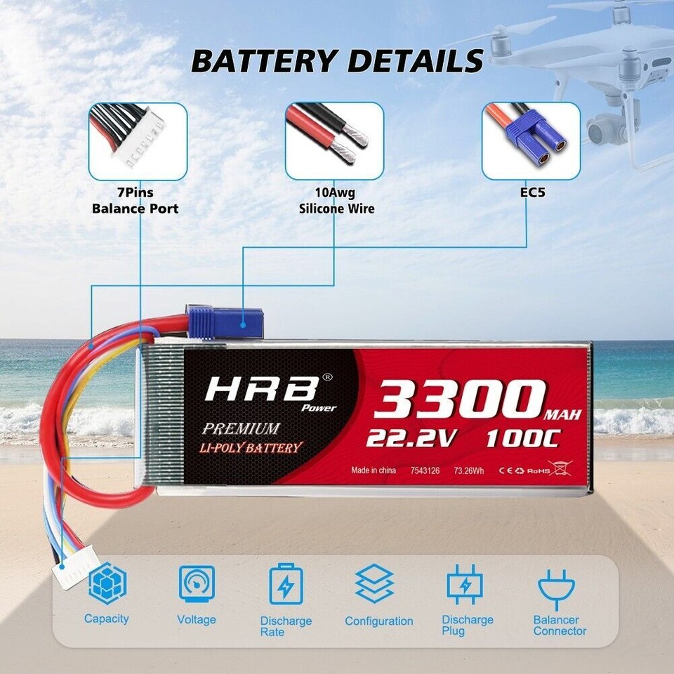 2pcs HRB 3300mAh 22.2V 100C 6S EC5 Lipo Battery for RC Quadcopter Car ...