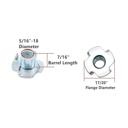5/16"- 18 T Nuts, 100 Pack 4 Pronged Tee Nuts for Bolts and Stem Caster ...