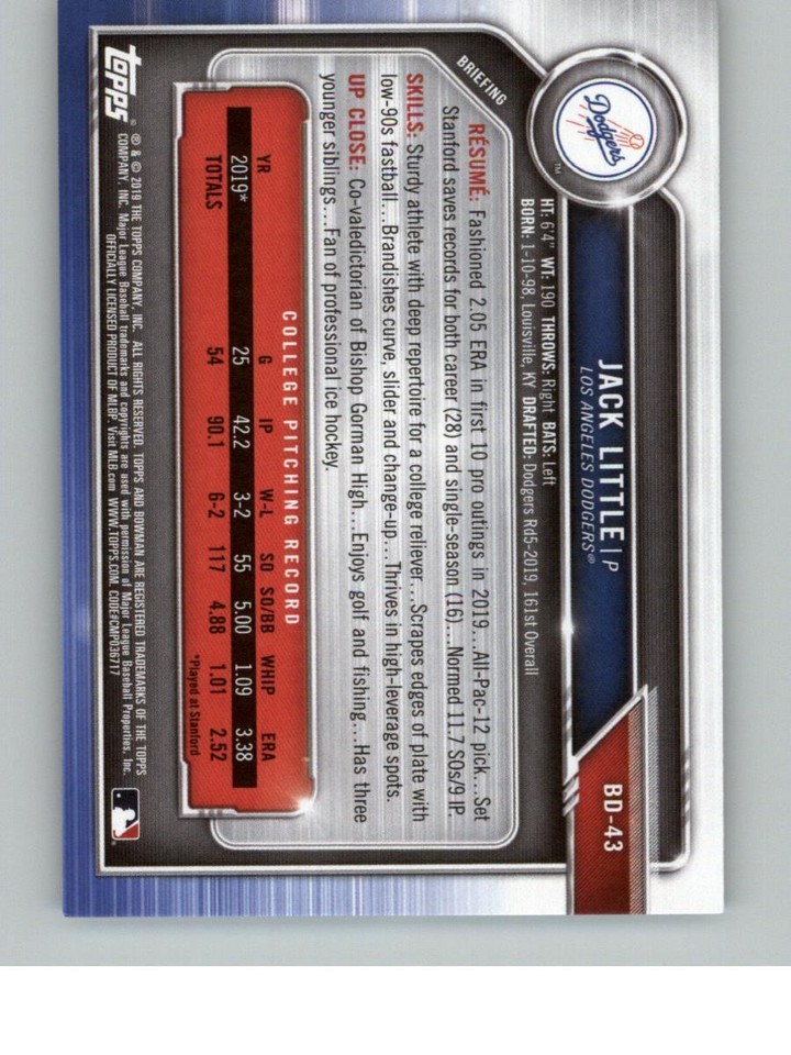2019 Bowman Draft Jack Little BD-43 Los Angeles Dodgers | eBay