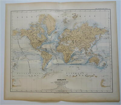 World Map Mercator's Projection Oceans southern continent 1886 Flemming ...