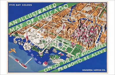 AN ILLUSTRATED MAP OF CHICAGO POSTER - FIVE GAY COLORS - VINTAGE ...