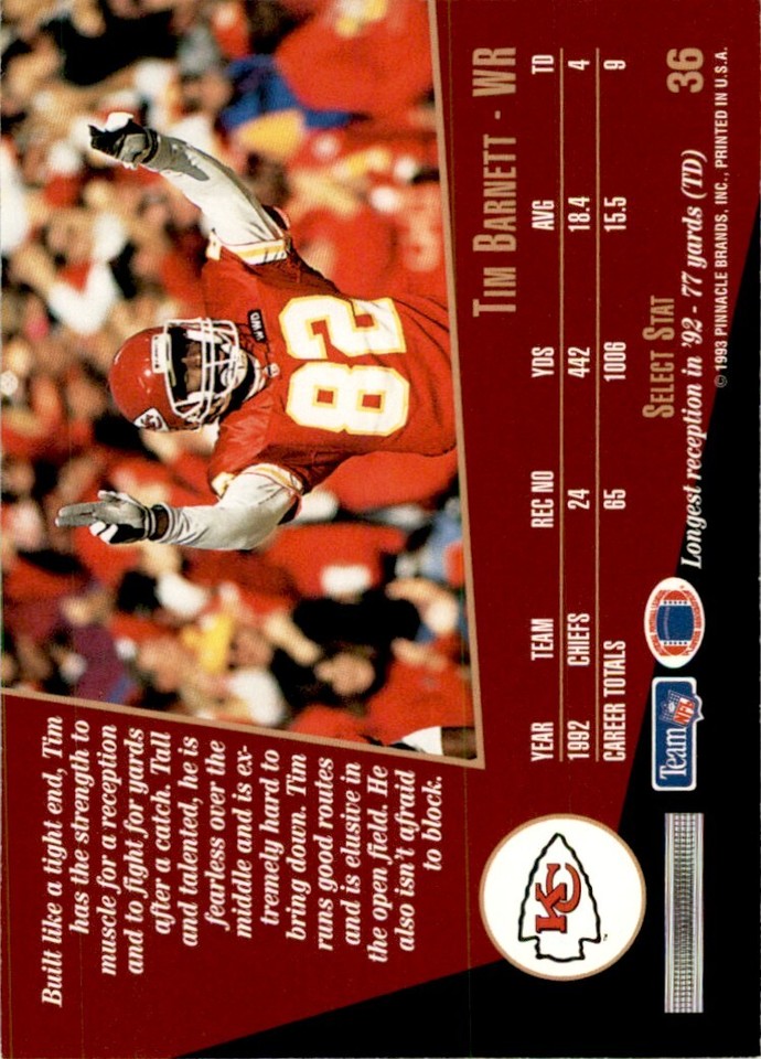 1993 SCORE SELECT TIM BARNETT KANSAS CITY CHIEFS #36 | eBay