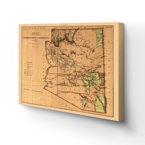 1876 Arizona Map - Canvas Wrap Vintage Arizona Map - Old Arizona Wall ...