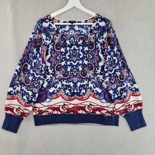 Talbots Sweater Womens XL Blue Red Geometric Pure Merino Wool Preppy ...