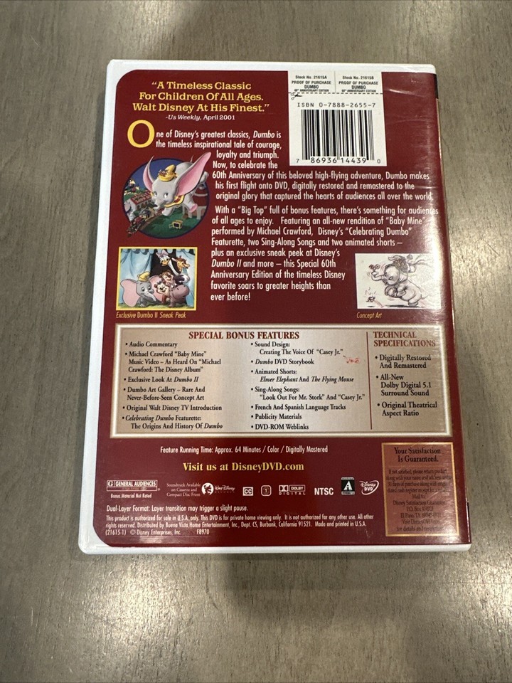 Dumbo (60th Anniversary Edition) [DVD] - Animation,Drama,Family ...