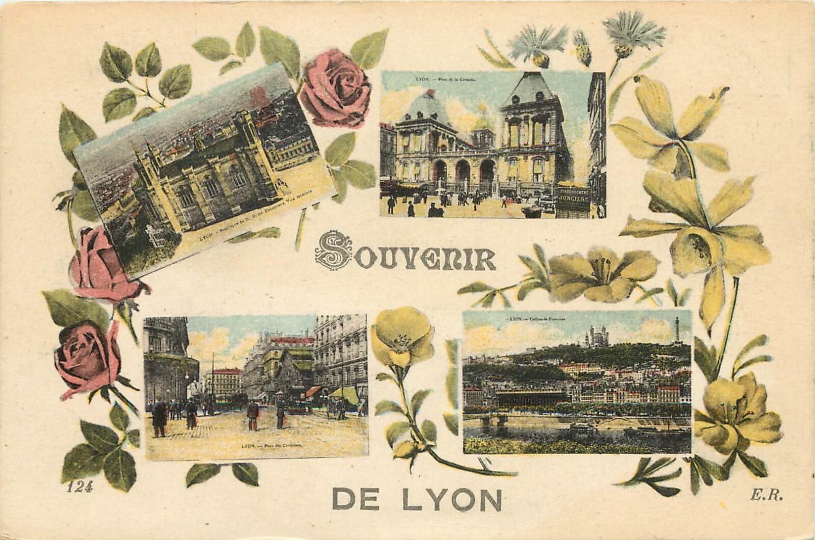 c1910 Postcard; Multi-View Souvenir de Lyon France Floral Motif 124 E.R ...