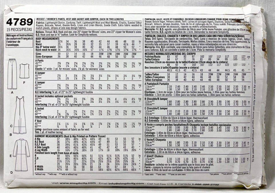 2004 Simplicity Sewing Pattern 4789 Womens Pants Vest Jacket Jumper 10 ...