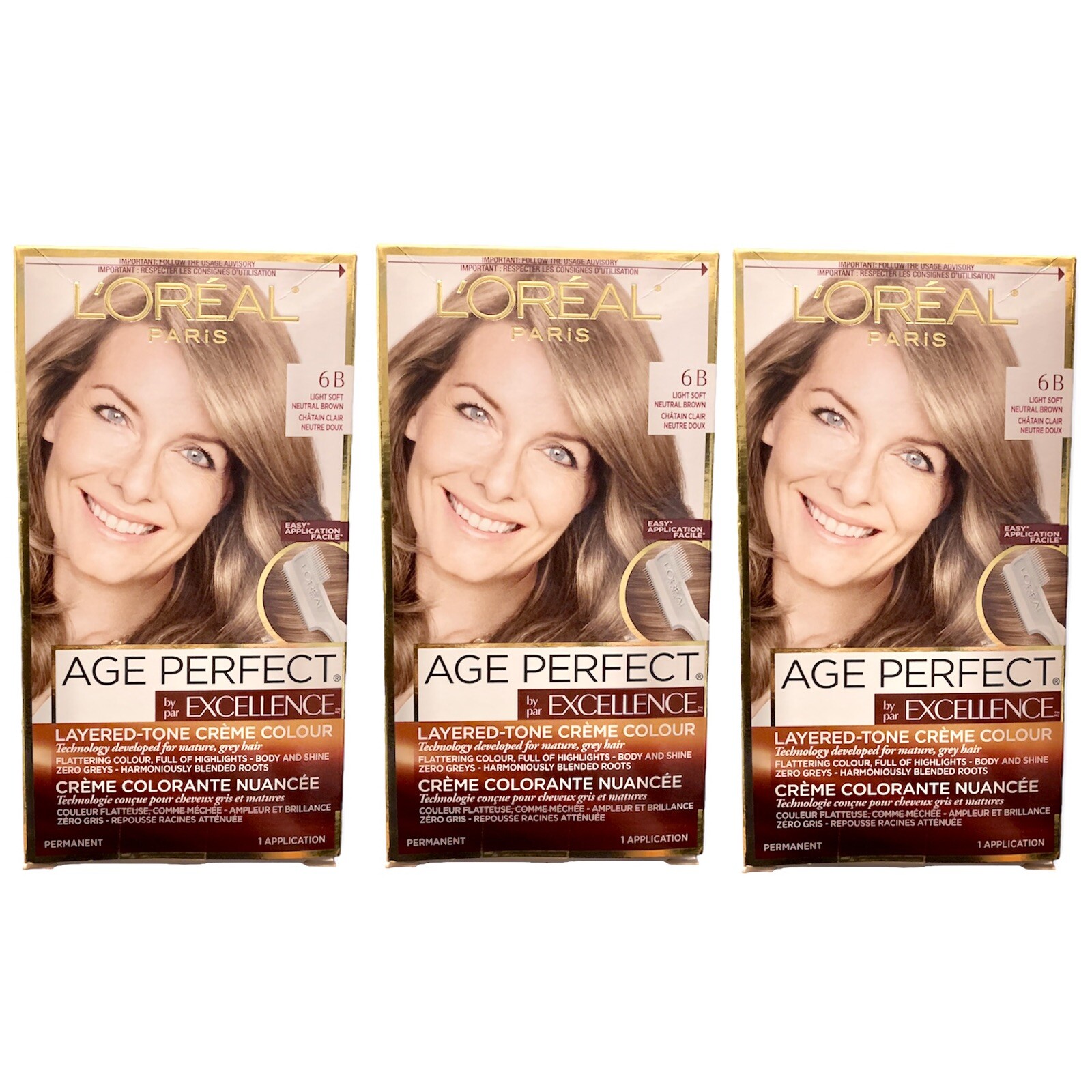 3 Pack Loreal Excellence Age Perfect Hair Color 6B Light Soft Neutral ...