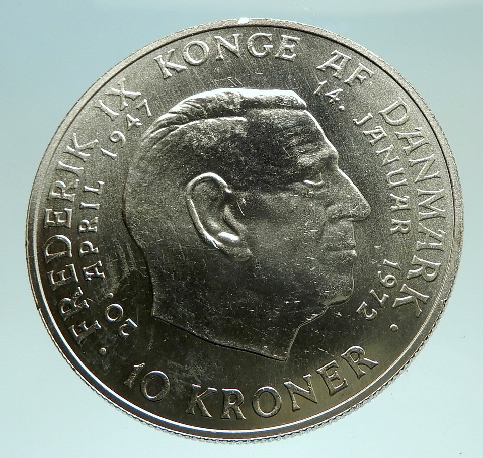 1972 DENMARK King Frederick IX & Queen Margrethe II Silver 10 Kroner ...